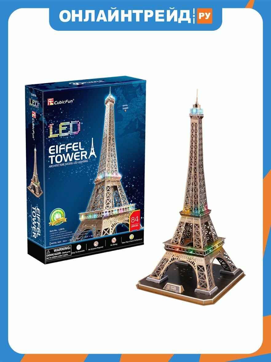 Пазл 3D Cubicfun Эйфелева башня с LED-подсветкой, 84 детали