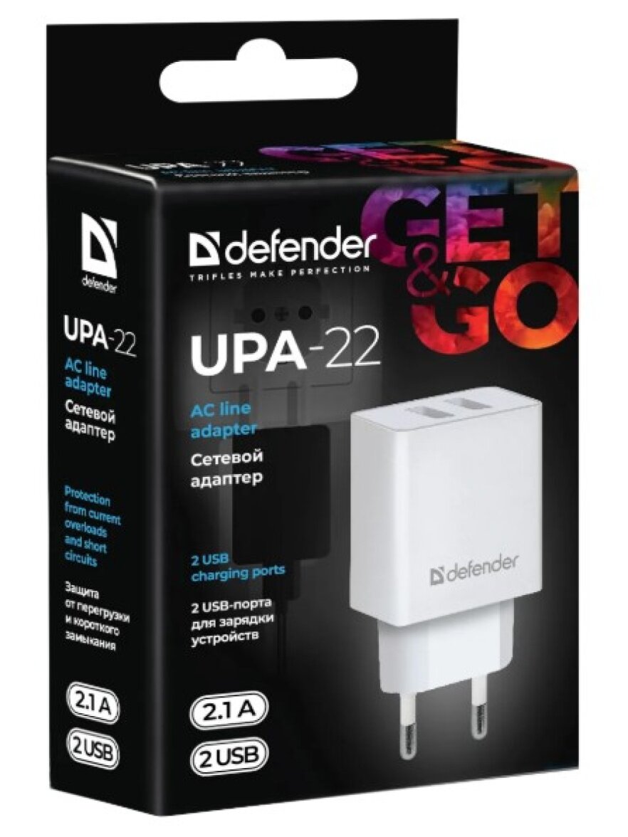 Сетевой адаптер Defender UPA-22 белый, 2xUSB, 2.1А — фото 1