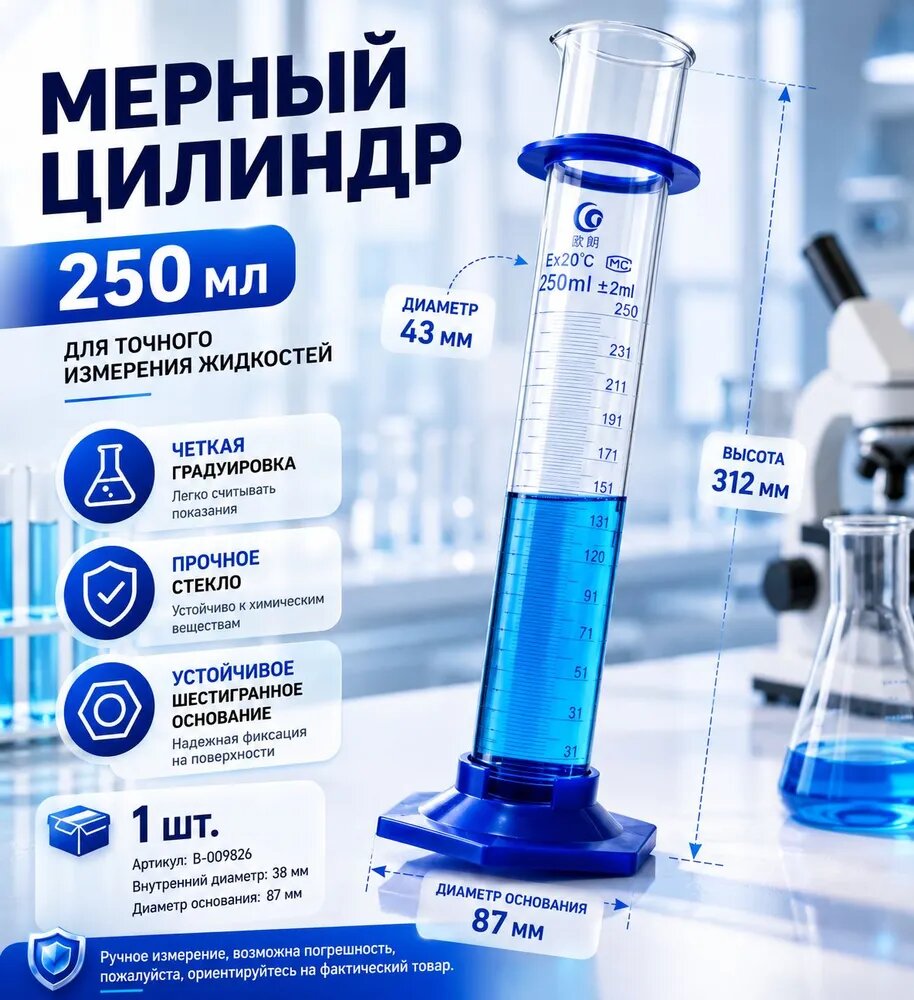 Емкость мерная, 250 мл, 1 шт, для точного измерения жидкостей, стекло