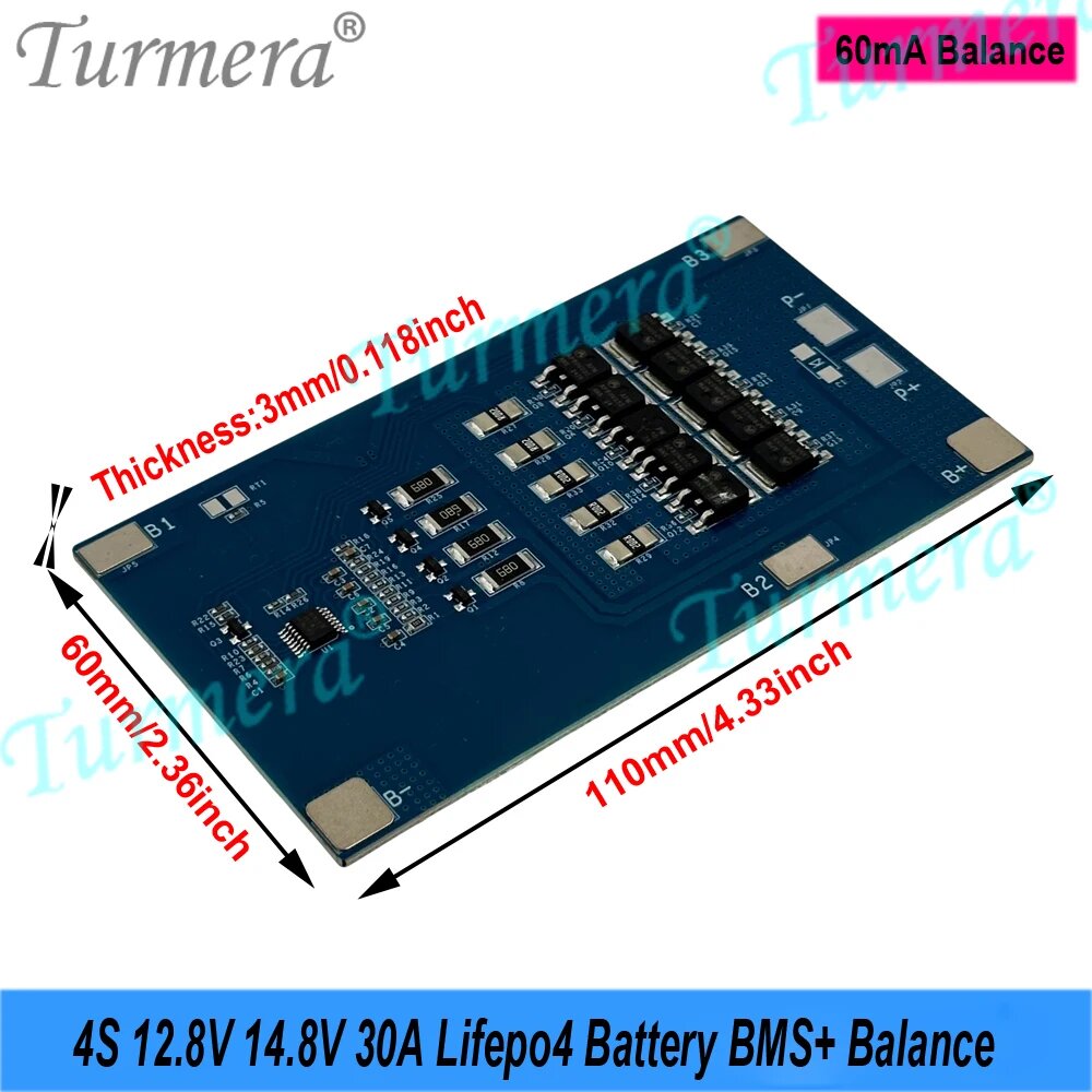 Turmera 4S 12,8В 30А Батарейная плата BMS Lifepo4 4S 30A 60mA BMS
