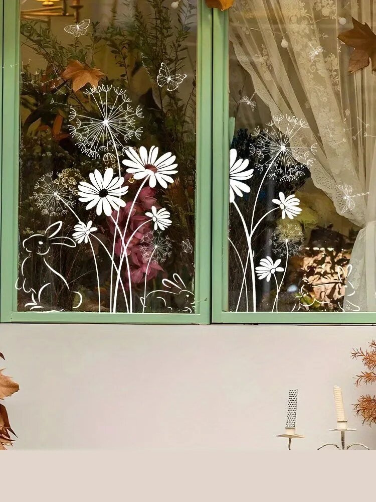 Статические наклейки на стекло с одуванчиками, ромашками и кроликами в деревенском стиле, съемные без клея, декор для витрин