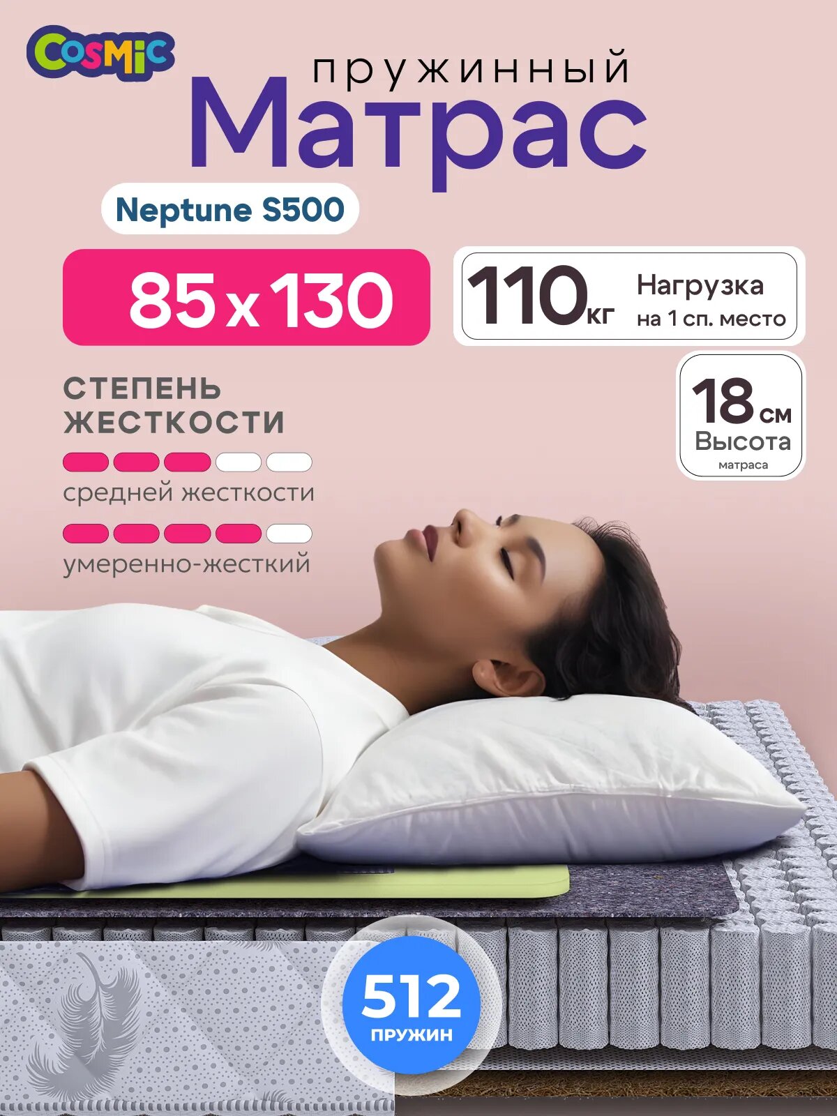 Матрас Cosmic Neptune 85x130 см, пружинный, 2 степени жёсткости, высота 19 см, анатомическая поддержка