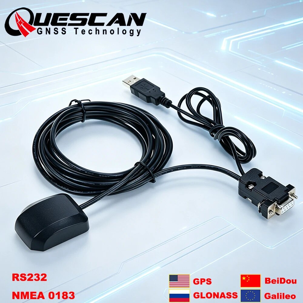 GPS-приемник QUESCAN с последовательным интерфейсом RS232, антенна PPS RS-232 DB9 NMEA 0183 для приема GPS, ГЛОНАСС, Galileo, BeiDou, QZSS, SBAS, NMEA0183, 1-25 Гц
