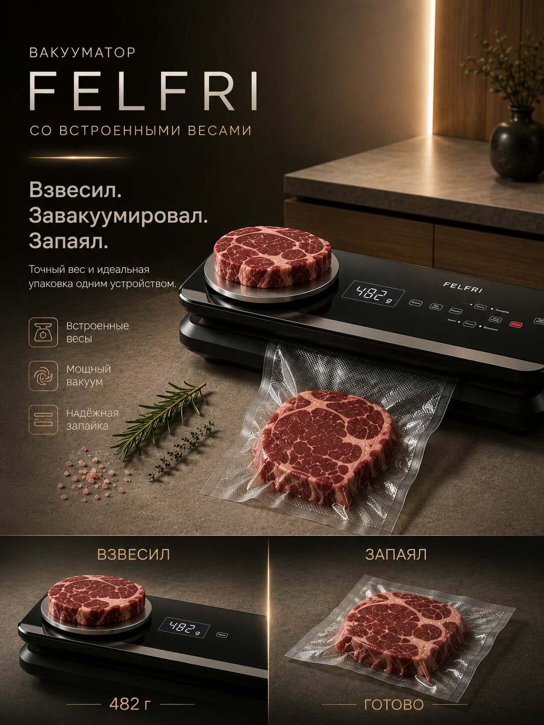 Вакууматор FELFRI для продуктов с весами, резаком и пакетами, 130 Вт, сенсорное управление, внешнее вакуумирование