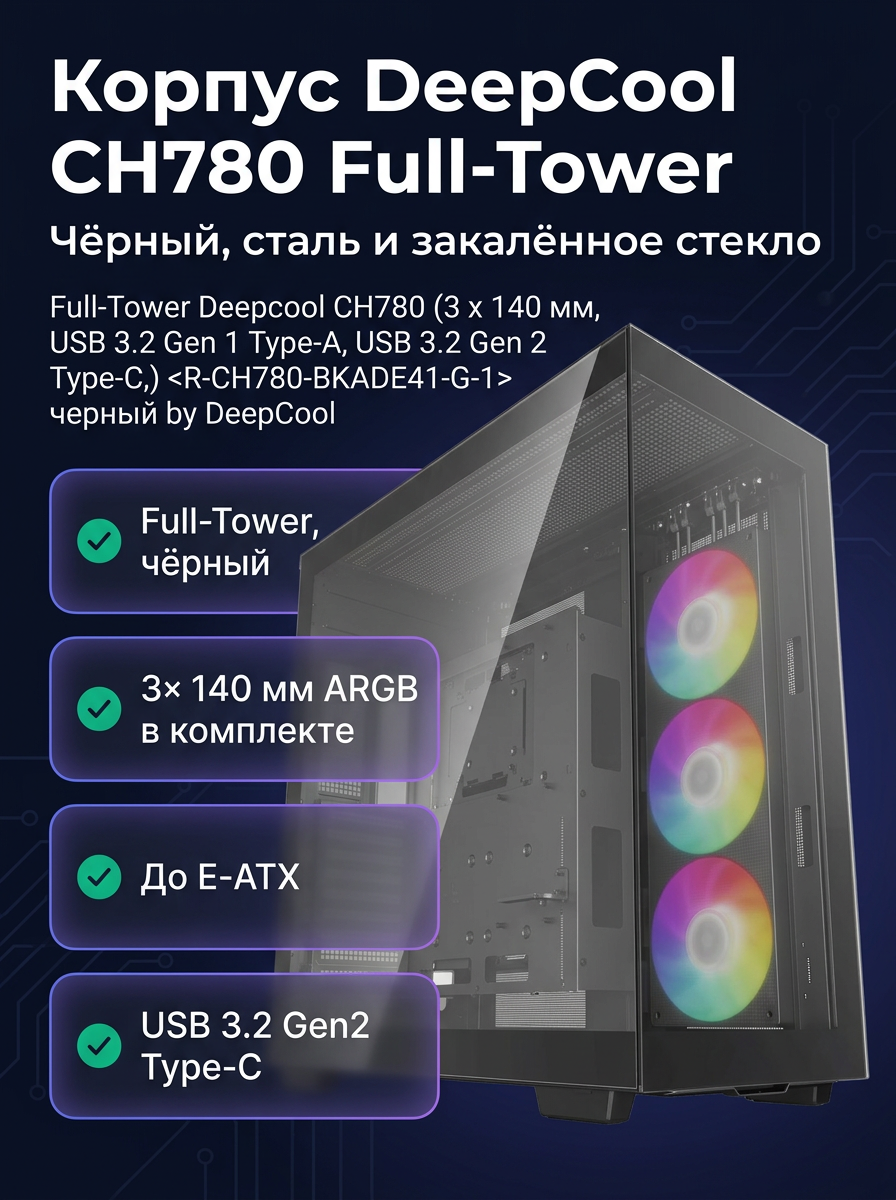 Корпус компьютерный Full-Tower DeepCool CH780, чёрный, 3x140 мм ARGB, USB Type-C