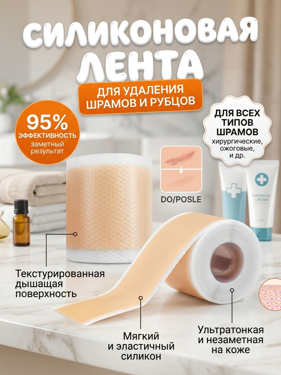 Пластырь силиконовый, для удаления шрамов и рубцов, гипоаллергенный, бежевый
