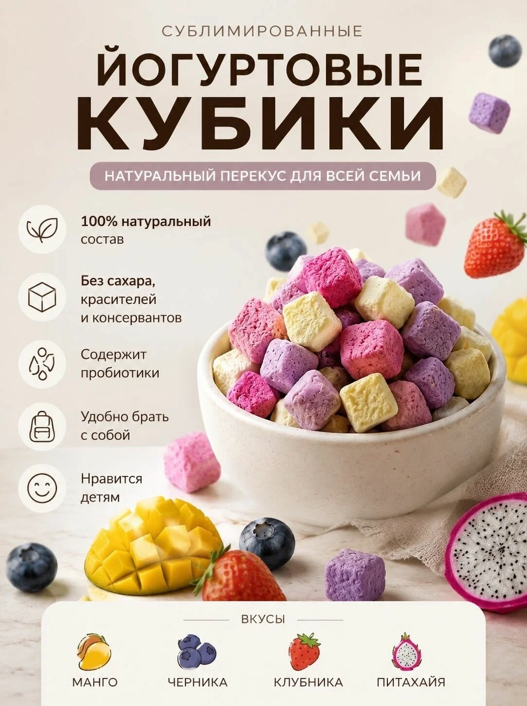 Сублимированный йогурт кубики ассорти 50 г