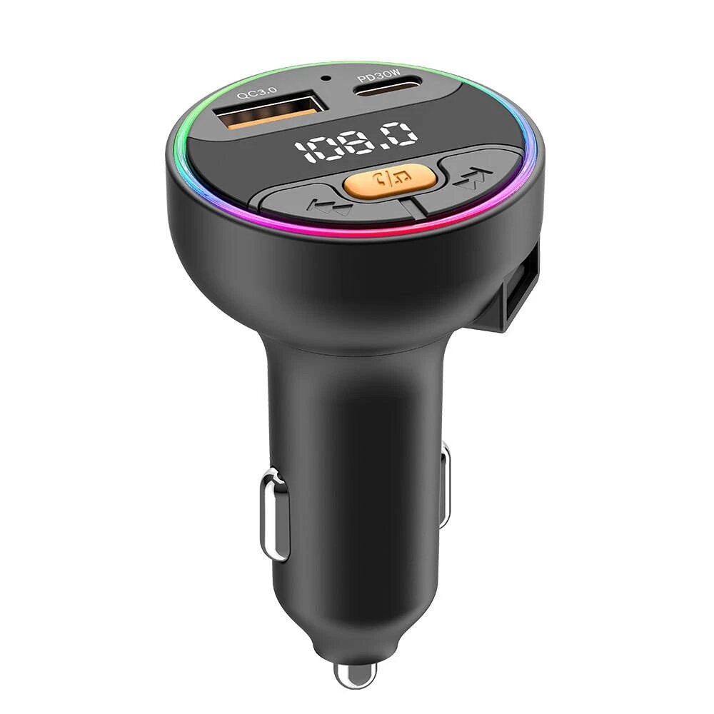 FM-трансмиттер Bluetooth 5.3 для автомобиля с быстрой зарядкой PD 30W Type C QC 3.0, RGB-подсветкой и беспроводным адаптером