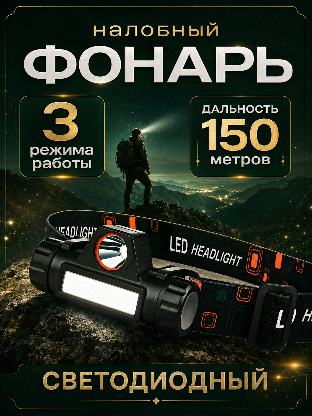 Фонарь налобный светодиодный, Фонарик аккумуляторный с регулируемым размером для рыбалки, Охоты, Туризма, Черный
