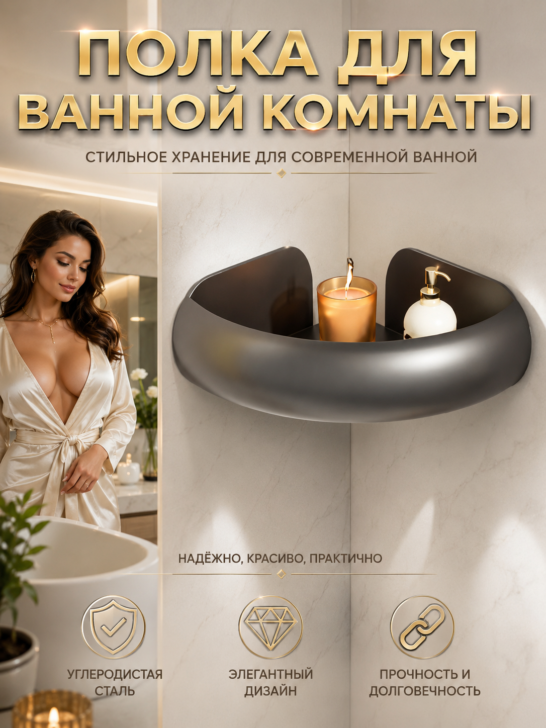 Угловая полка для ванной комнаты двухъярусная настенная с крючками, органайзер для хранения косметики и моющих средств, противоскользящая конструкция для угла помещения
