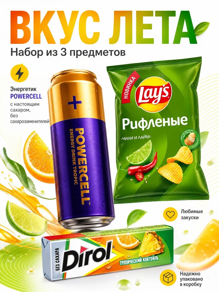 Чипсы Lay's чили, энерг POWERCELLтропик, Дирол тропич коктейль