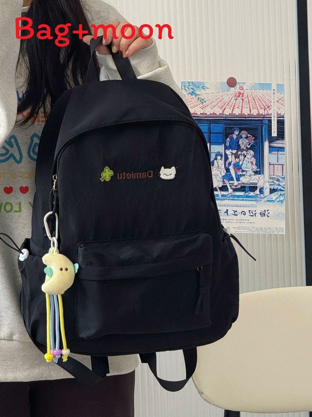 Kawaii cat college backpack with large capacity and polyester lining for teens black moon
