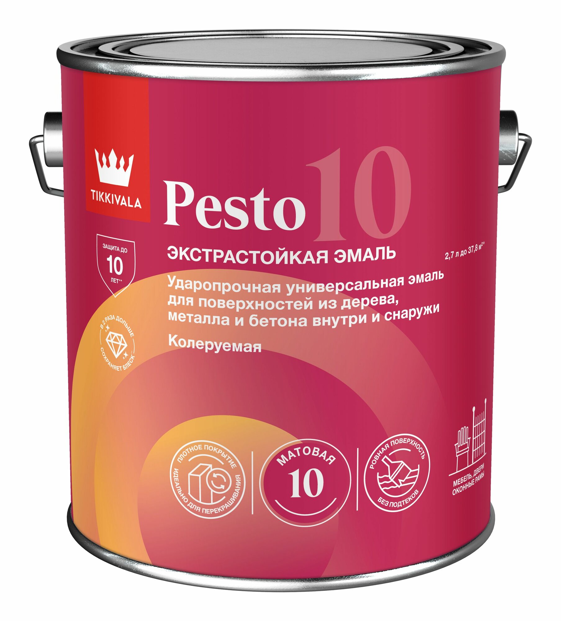 Эмаль Tikkurila Pesto 10, Белая, 2,7л, матовая, стойкая универсальная, стены, потолки, двери и окна, база А