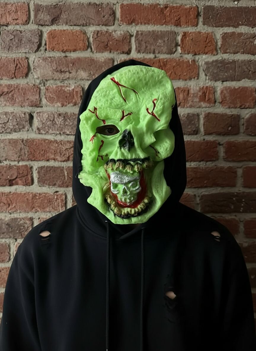 Маска на Halloween, Зеленый Человек во рту серебристый череп, латекс, 28х21см