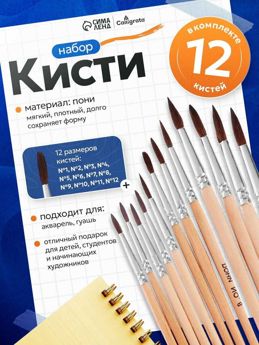 Кисточки для рисования пони 12 штук (№1-12), круглые художественные кисти набор кистей пони