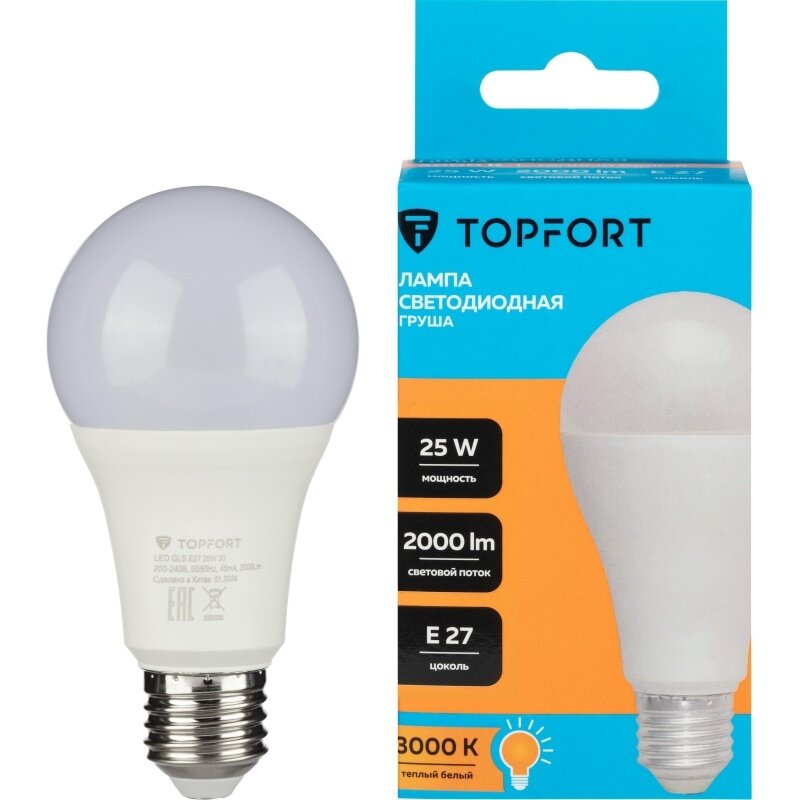 Лампа светодиодная Topfort E27 25 W 3000 K, груша