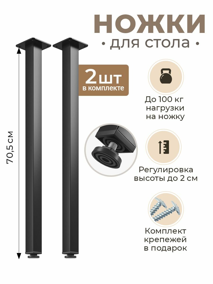 Ножки для стола 2 шт. 710х40х40 Лофт Черные регулируемые (крепежи в наборе). Ножки для столешницы, подоконника LOFT. Опора металлическая с регулировкой.