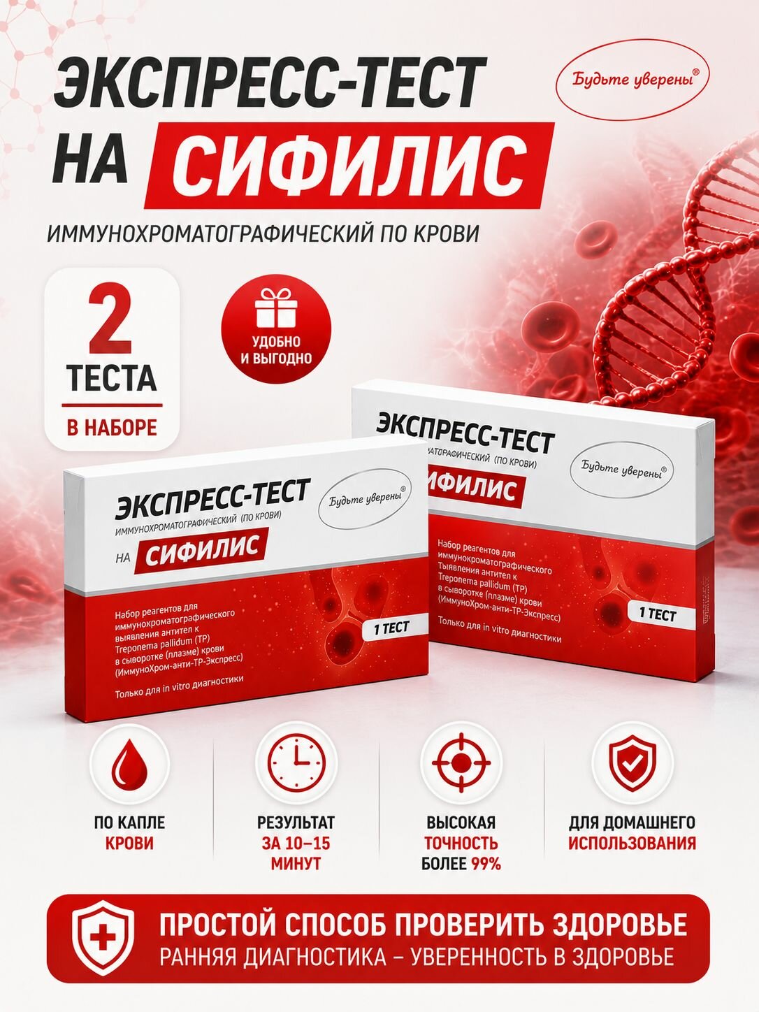Тест на Сифилис (2 шт) в черной анонимной упаковке по капиллярной крови из пальца