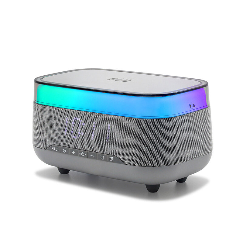Bluetooth-колонка с беспроводной зарядкой и светодиодным будильником в сером цвете, компактное аудиоустройство для дома