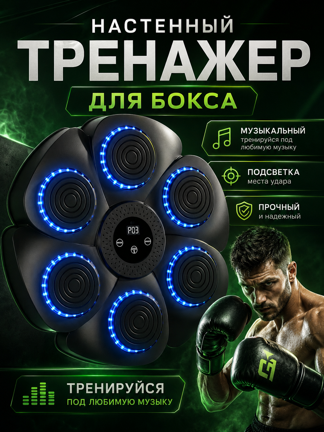 Настенный электронный Боксерский тренажер музыкальный, Интерактивный тренажер с музыкой для бокса, Черный