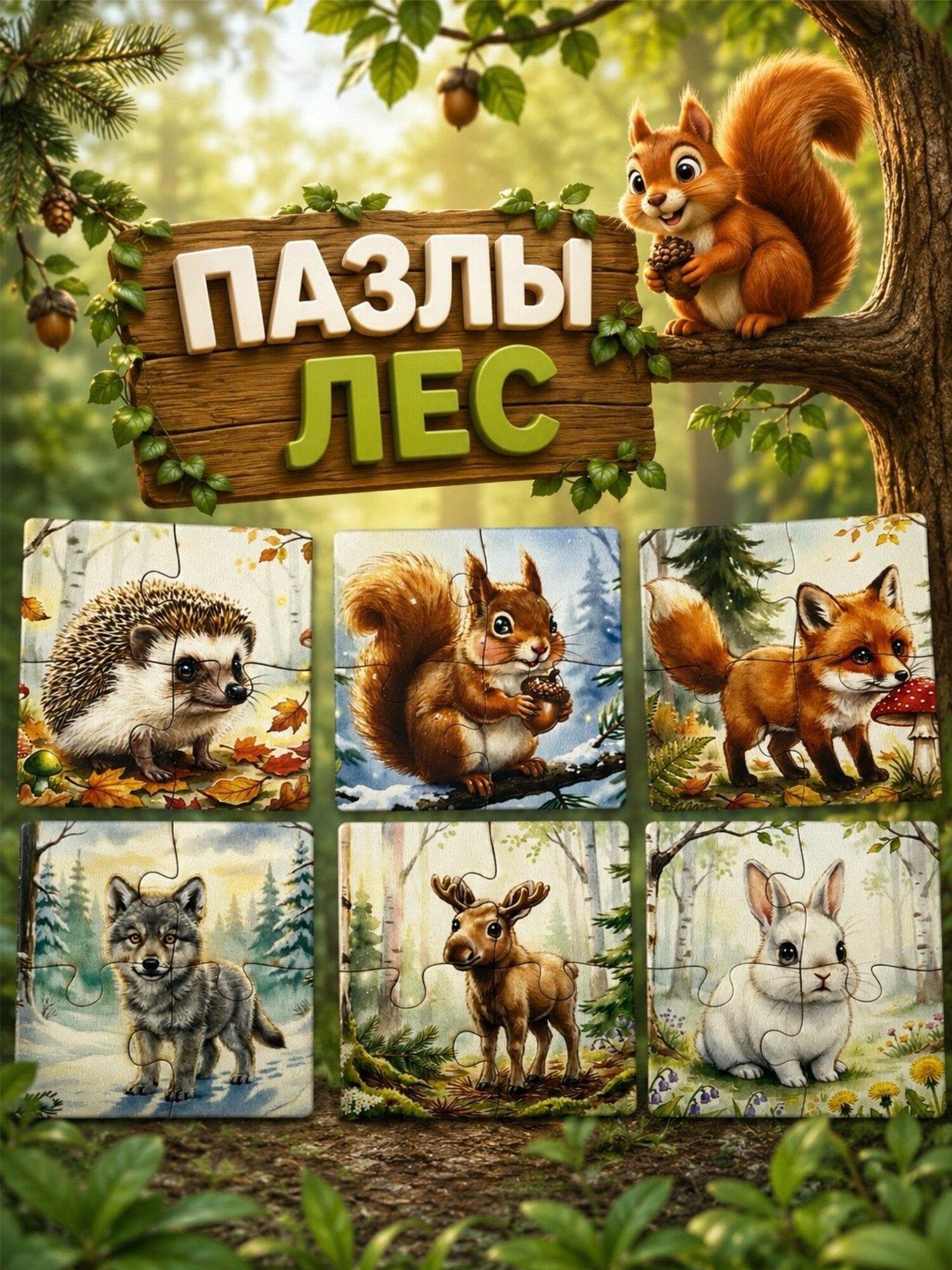Пазлы деревянные для детей и для малышей "Лес", развивающие игры и игрушки для малышей