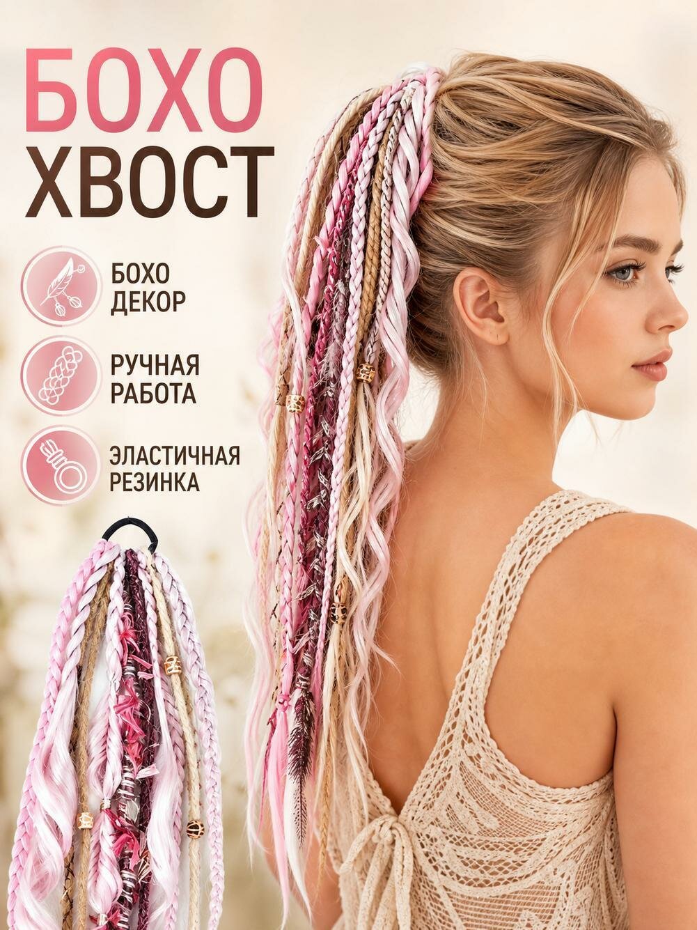 Накладной хвост-дреды на резинке, бохо стиль, многослойные плетеные косы с декором, синтетические волосы 60 см