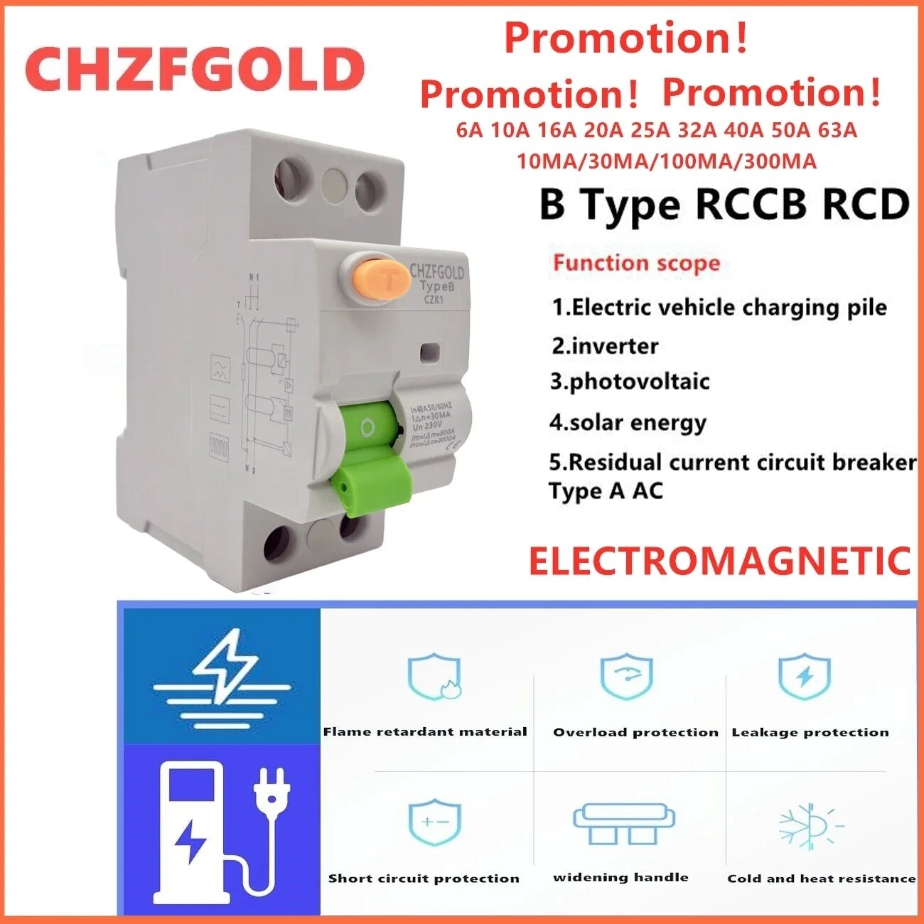 Автоматический выключатель остаточной утечки CHZFGOLD Тип B 2P40A30MA