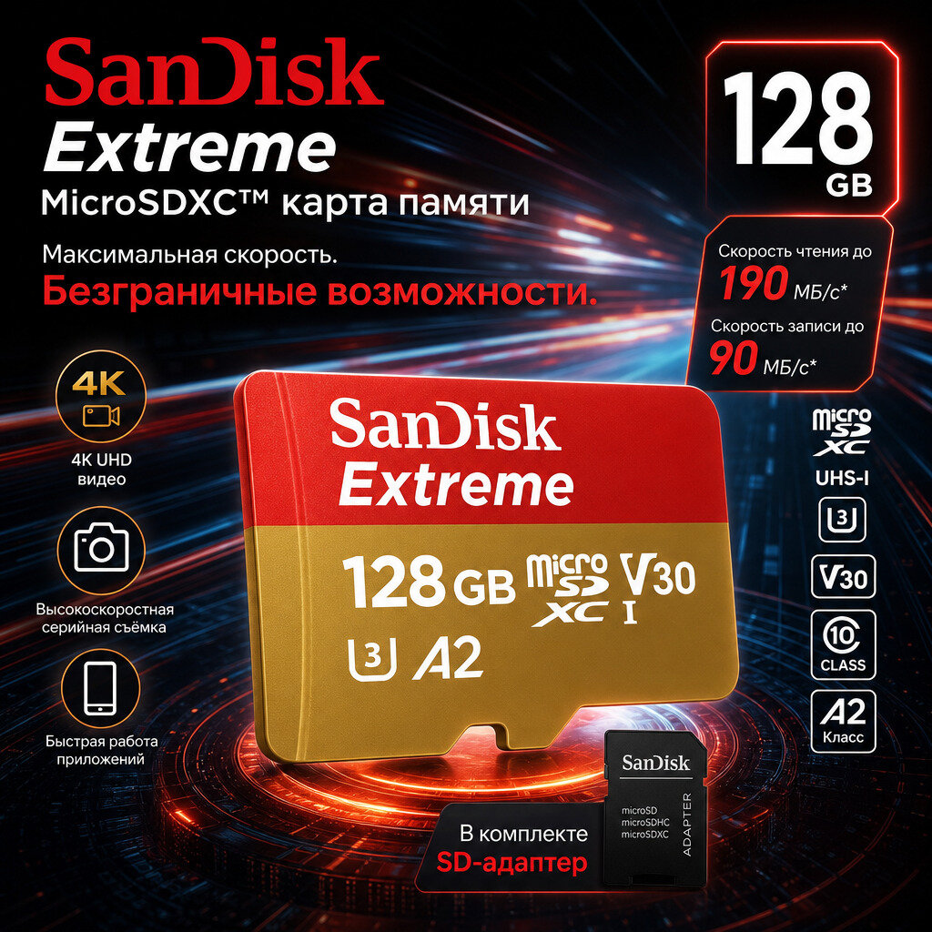 Карта памяти SanDisk MicroSDXC 128 ГБ Extreme A2 UHS-I V30 U3 190/90MB/s, с адаптера