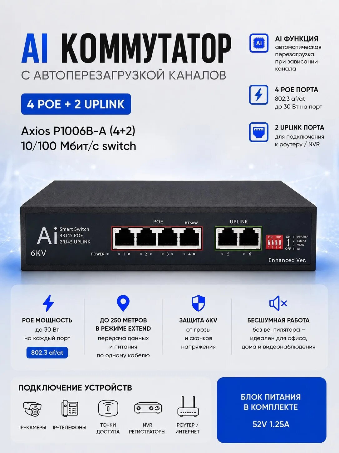 Сетевой AI коммутатор (свитч). 4 POE (802.3 af/at) порта, +2 ETH порта. Axios P1006B-A (4+2) 10/100 Мбит/с switch