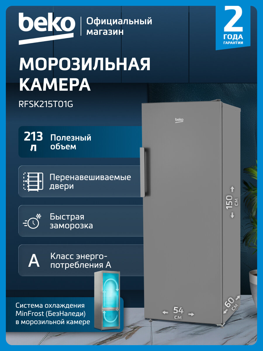 Морозильная камера Beko RFSK266T01G, 240 л, капельная система, насыщенный серый
