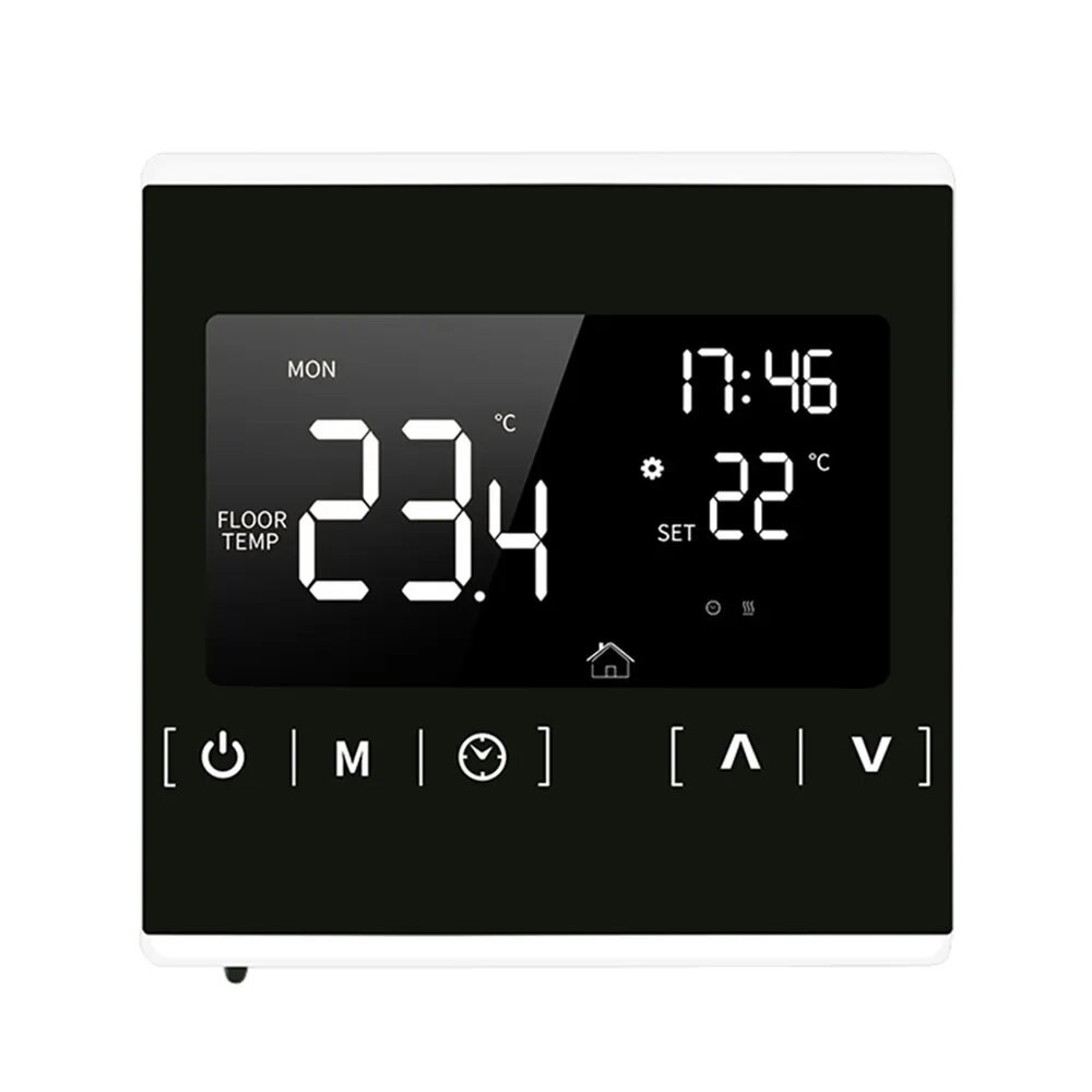 Термостат для электрического теплого пола с сенсорным дисплеем LCD Smart Programmable, цвет черный/белый (выбор), материал негорючая пластмасса PC + ABS, входное напряжение AC 85-250V, частота 60Hz