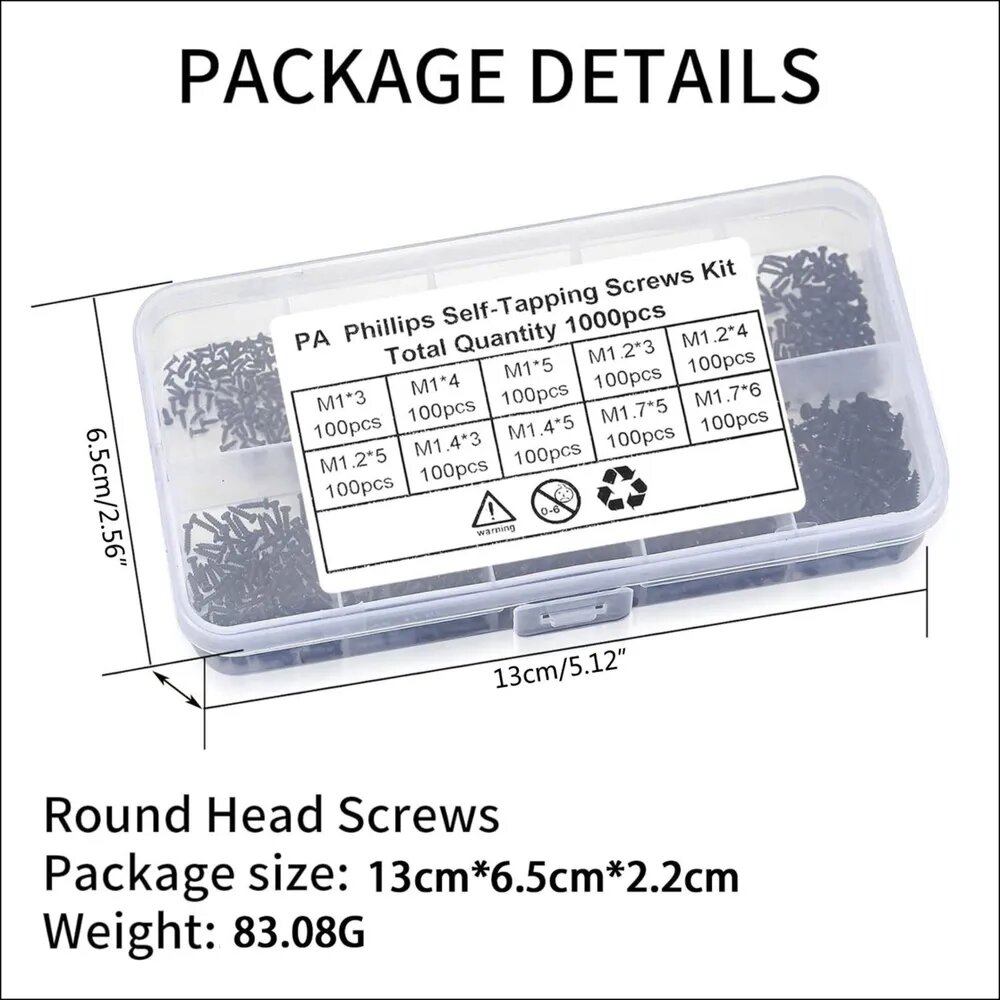 Шурупы PA Phillips Self-Tapping Screws Kit 1200 шт, углеродистая сталь, черный — фото 1