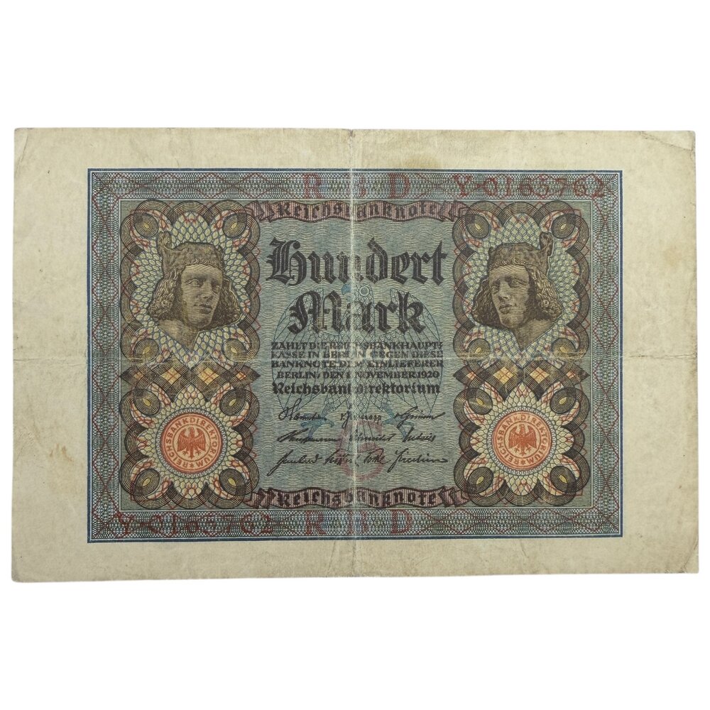Веймарская республика (Германия) 100 марок 1920 г. (Литера G) (Серия Y) (7-значный номер)