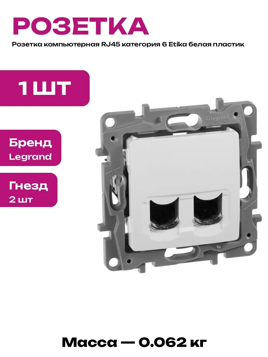 Розетка интернет cat 6 встраиваемая белая с защитной шторкой