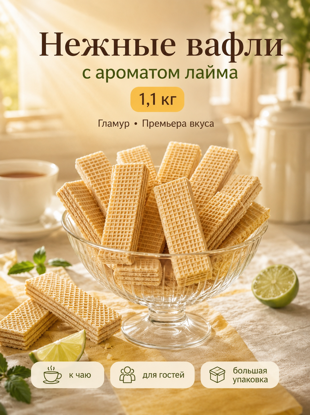 Вафли "Лаймовый аромат" нежные, без ГМО, с сахарной пудрой, 1.1 кг