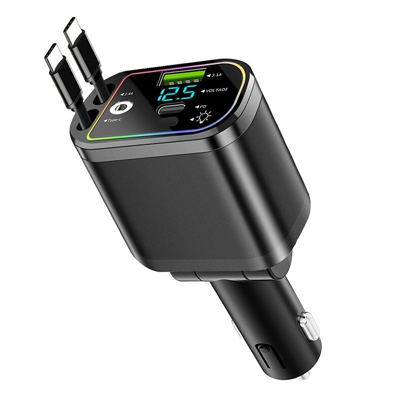Автомобильное зарядное устройство 4-в-1 с выдвижным кабелем, 1 порт USB, регулировка 180°, антизапутывающийся механизм, проекционная подсветка потолка, обновленная версия