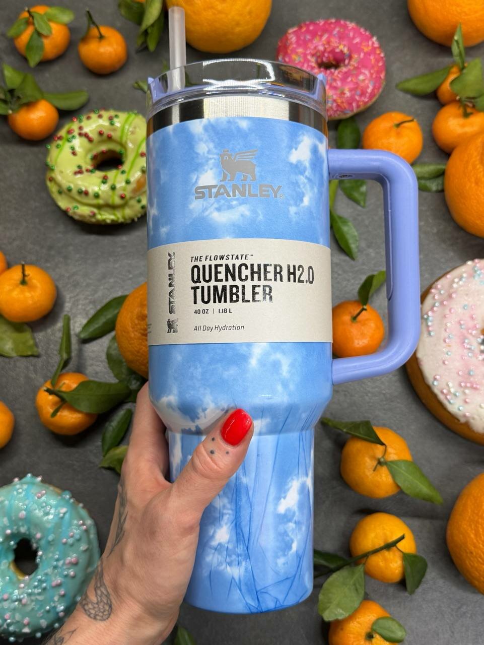 Термокружка для авто с ручкой и трубочкой Stanley / Стенли 40 OZ 1,18 мл / Голубой мрамор