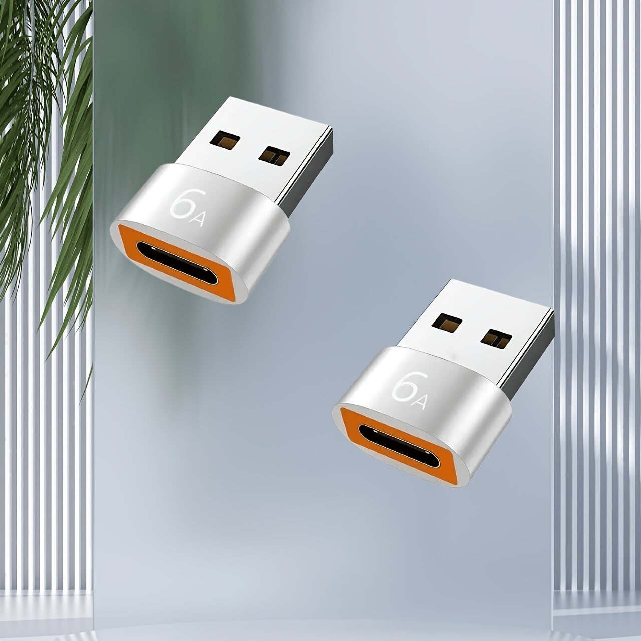 Адаптер Type-C to USB, 6A, 2 шт, серебристый, поддержка зарядки и чтения флеш-накопителей