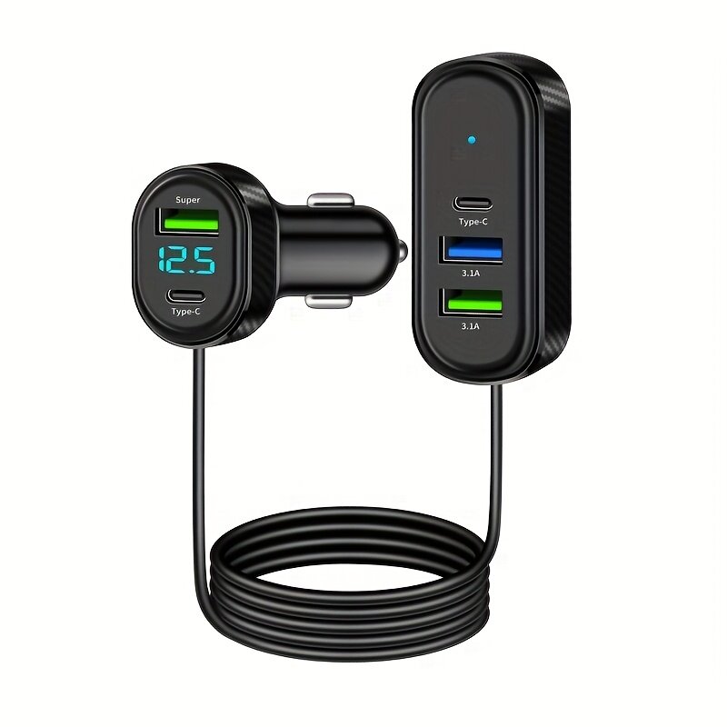 Автомобильное зарядное устройство с USB-портом и выдвижным кабелем Type-C, QC3.0, компактный дизайн