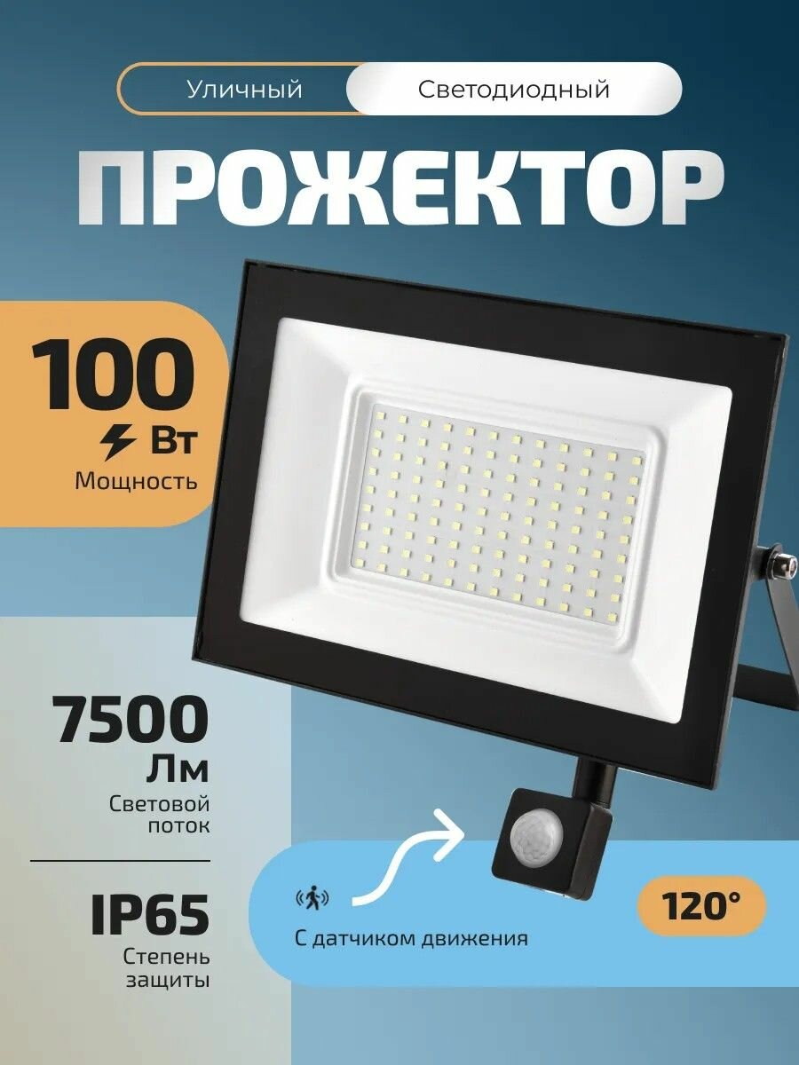 Светильник уличный 100W с датчиком движения, от сети, прожектор светодиодный