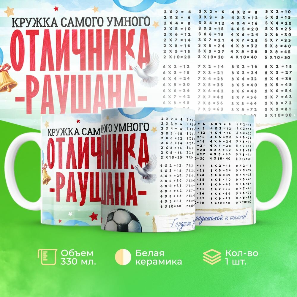 Кружка школьнику с таблицой умножение и именем Раушан