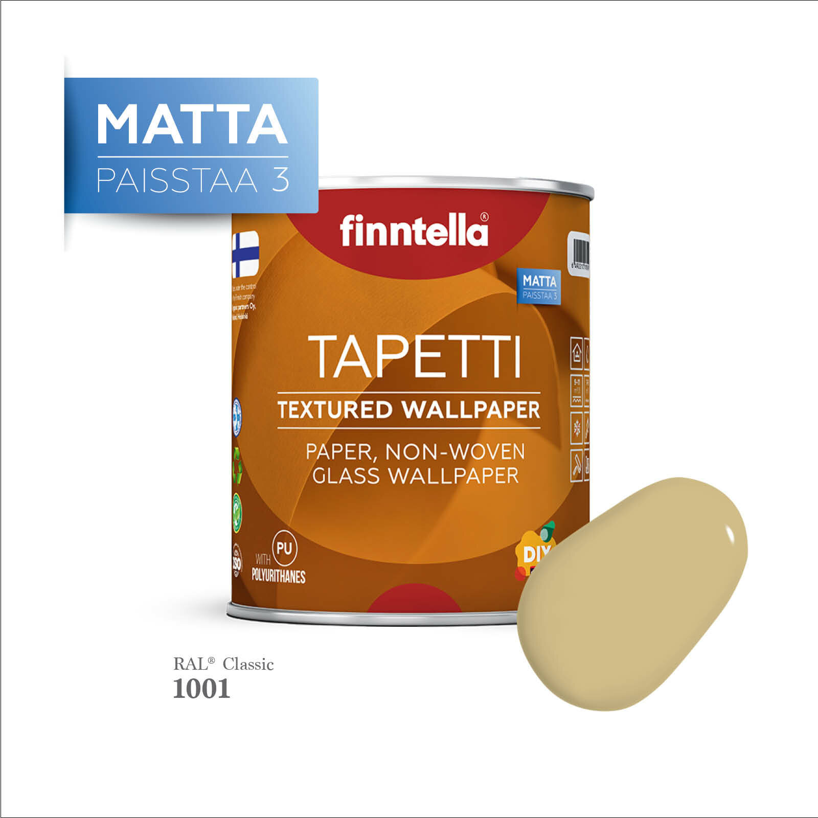 Матовая краска для обоев под окраску TAPETTI Matta FINNTELLA, Цвет RAL 1001 Бежевый (Beige), 0,9л