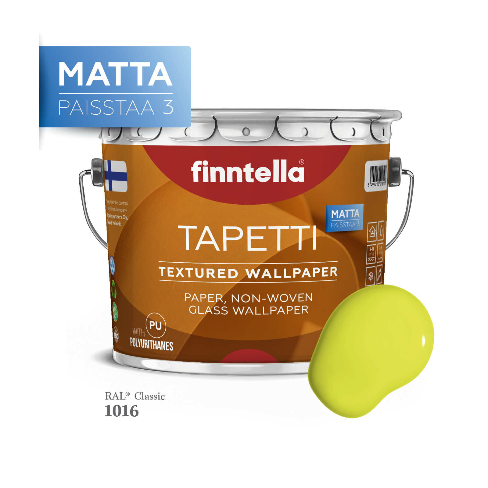 Матовая краска для обоев под окраску TAPETTI Matta FINNTELLA, Цвет RAL 1016 Желтая сера (Sulfur yellow), 2,7л