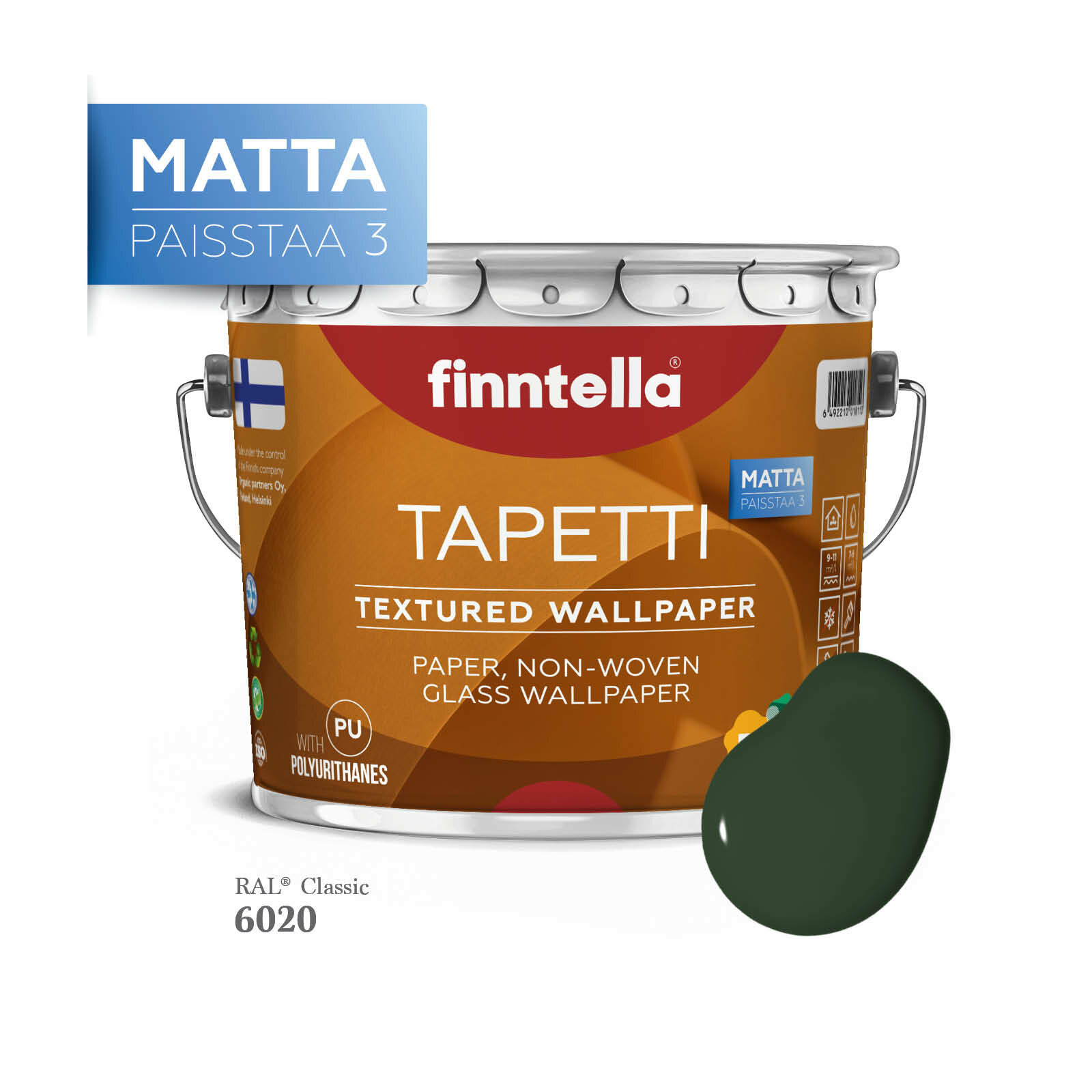 Матовая краска для обоев под окраску TAPETTI Matta FINNTELLA, Цвет RAL 6020 Хромовый зеленый (Chrome green), 2,7л