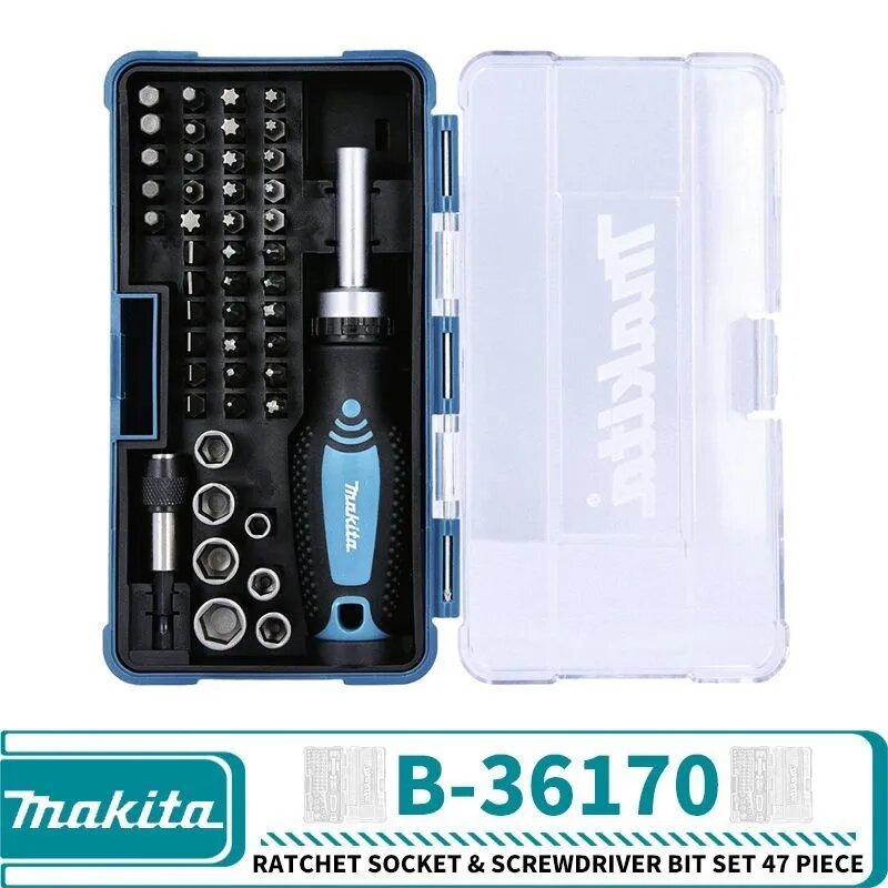 Эксклюзивный набор Makita B36170 из 47 предметов с трещоткой, головками и битами