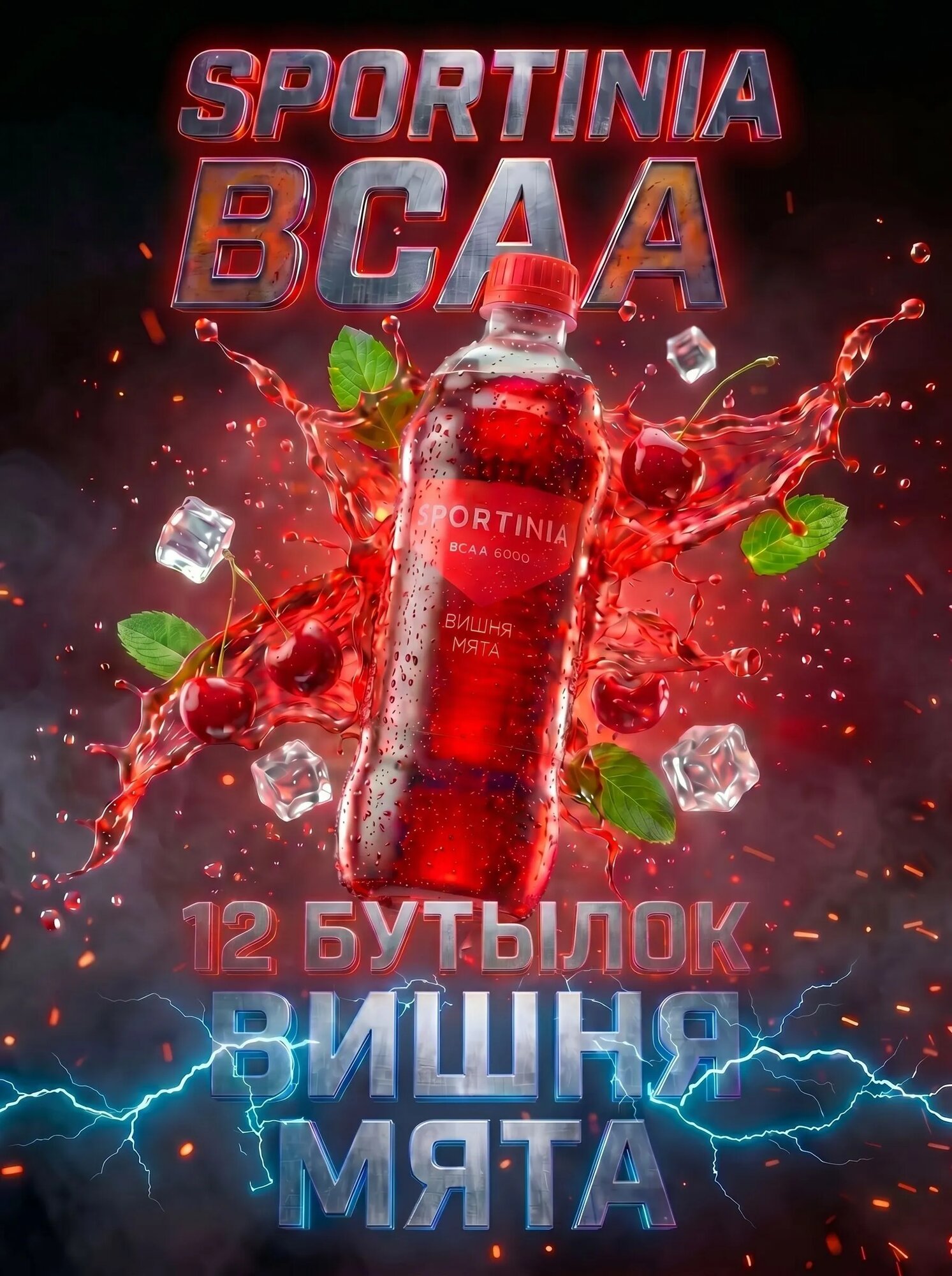 Спортивный напиток Sportinia ВСАА (Спортиния БЦАА) 6000 Вишня-Мята 0.5 л / 12 бут.