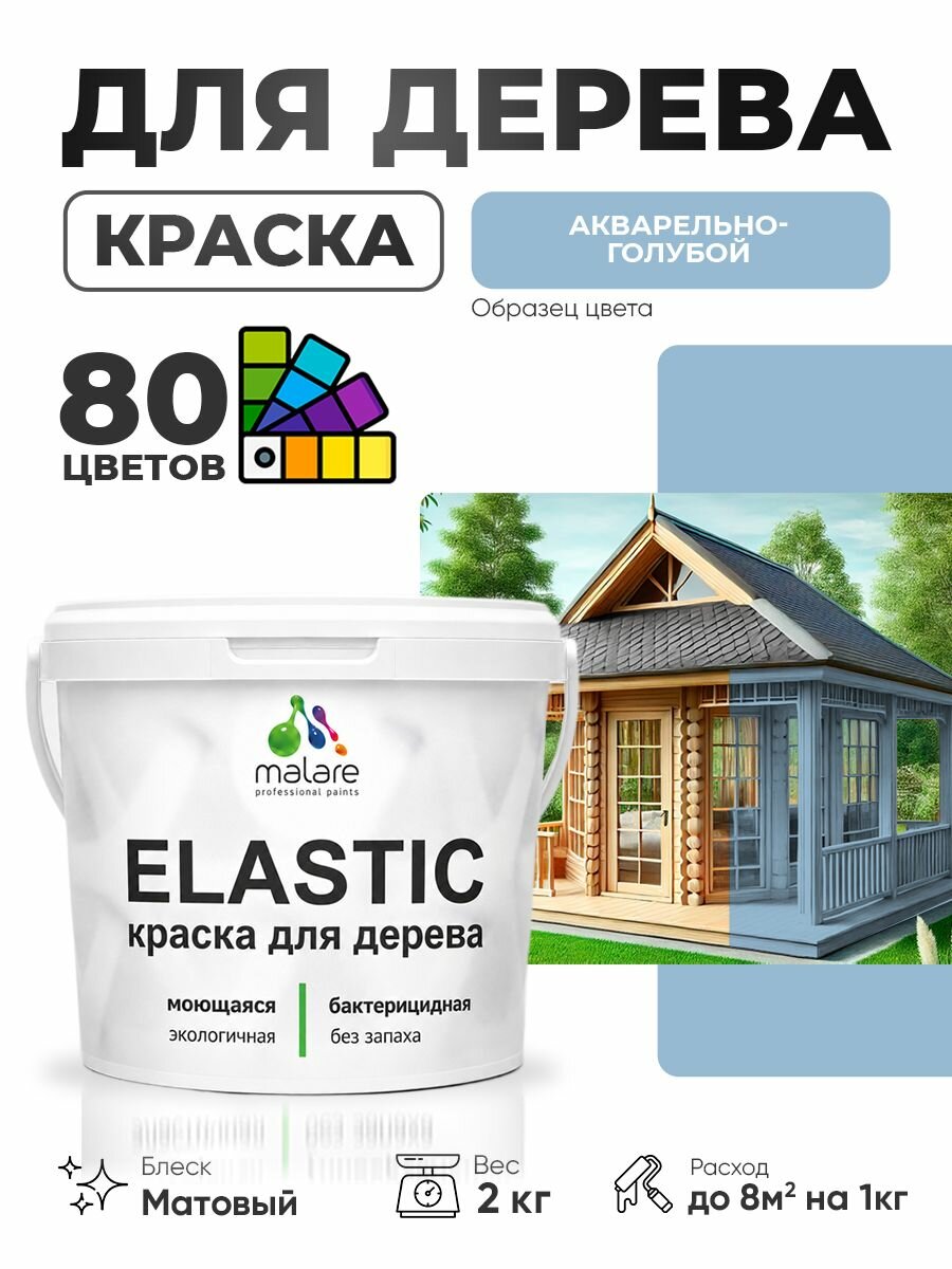 Акриловая краска для дерева Malare Elastic для наружных и внутренних работ, быстросохнущая без запаха, матовая, акварельно-голубой, 2 кг