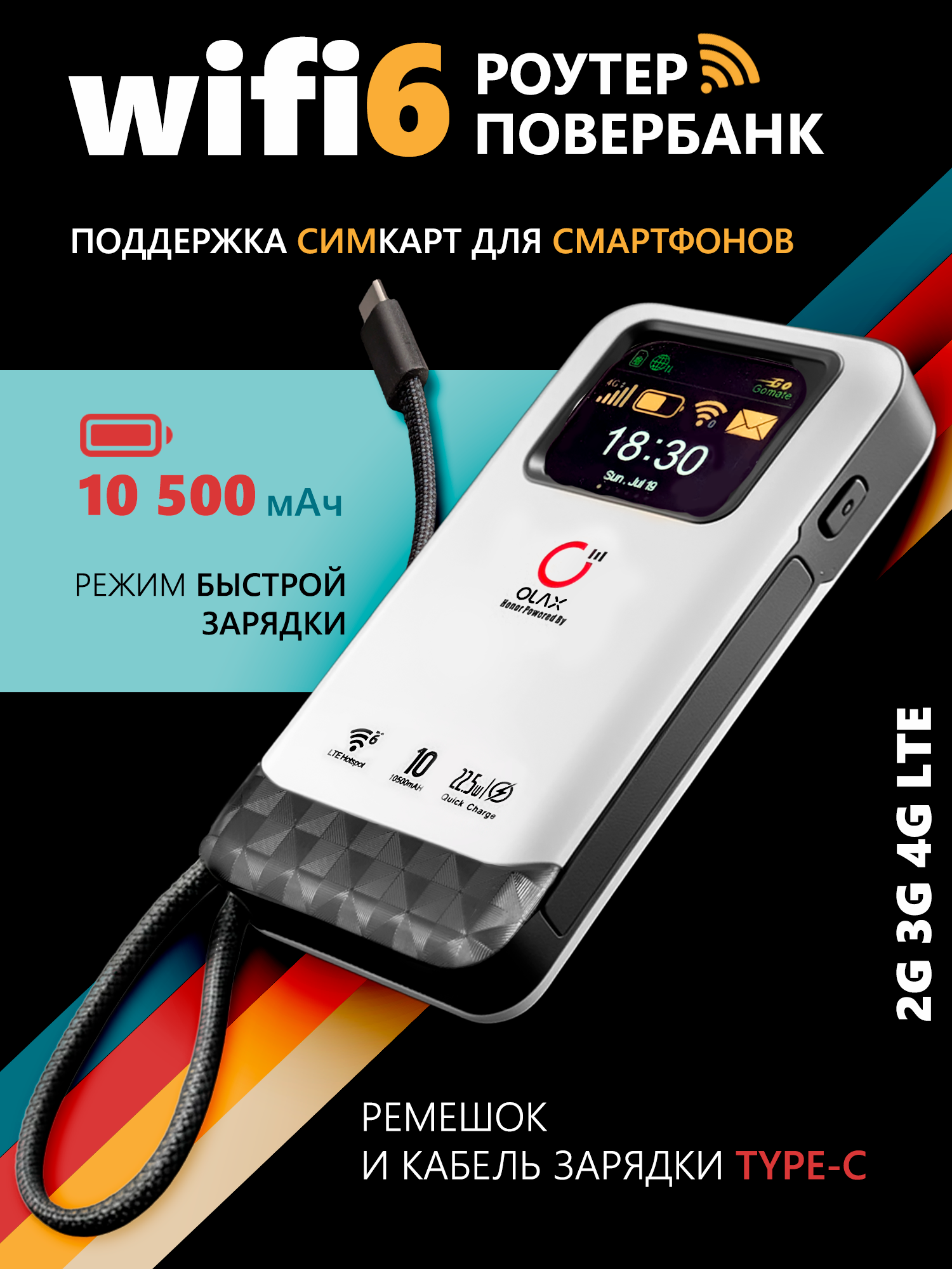 Карманный Wi-Fi роутер Olax M200 для сим PowerBank IMEI TTL 10500 мАч