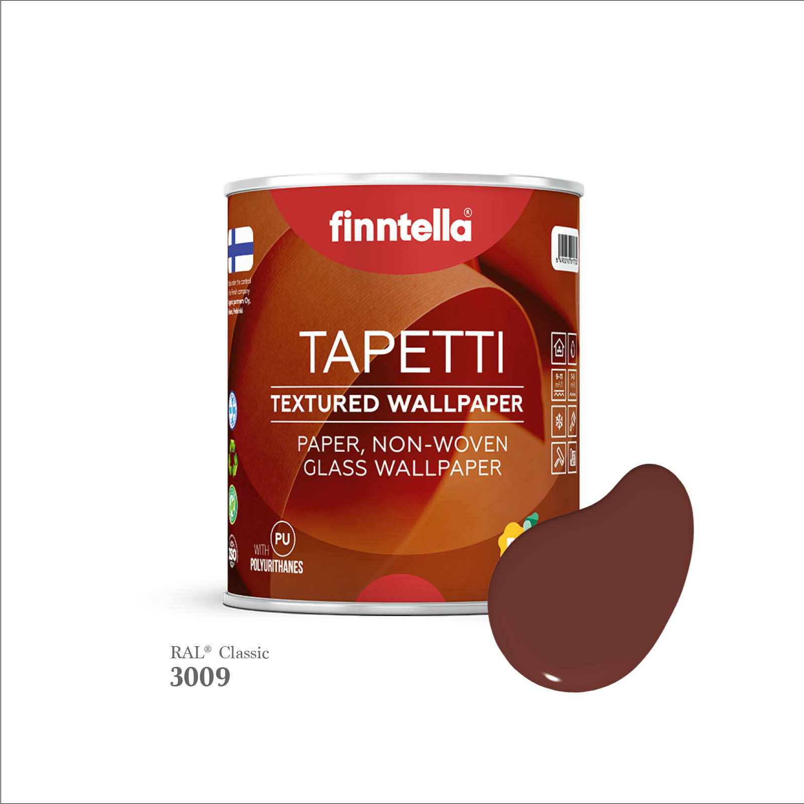 Шелковисто-матовая краска для обоев под окраску TAPETTI SILKKI Matta FINNTELLA, Цвет RAL 3009 Красная окись (Oxide red), 0,9л