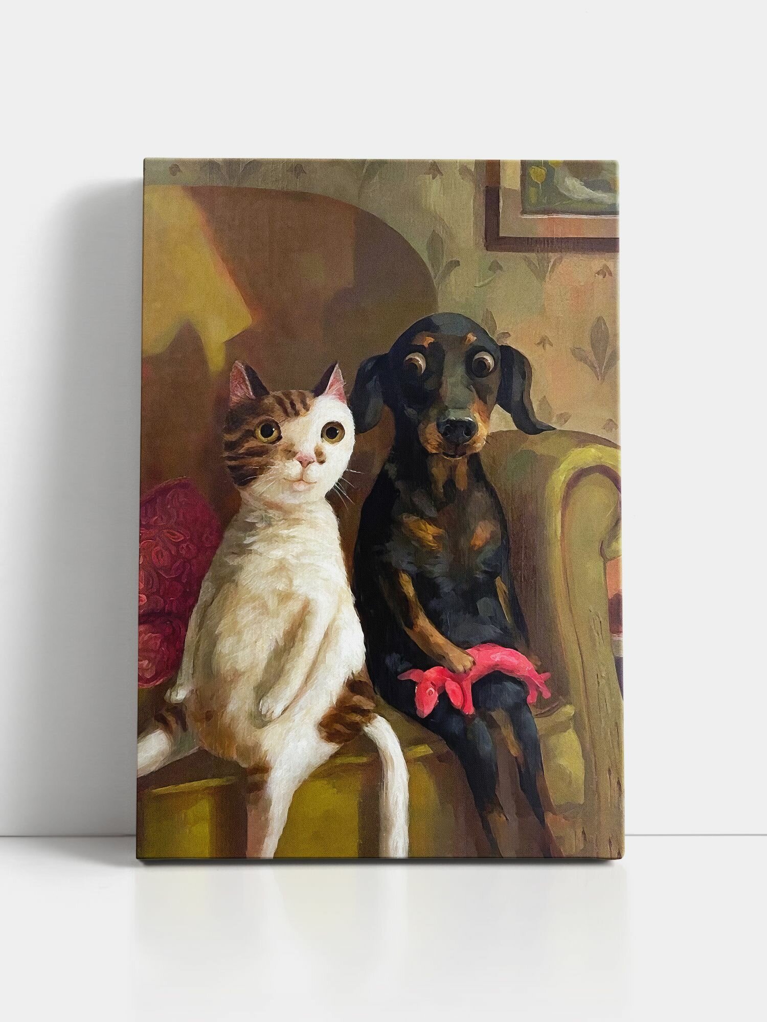 Кот и пес друзья- Картина 20х30см интерьерная на стену Котик и песик . Постер на холсте Элисон Френд